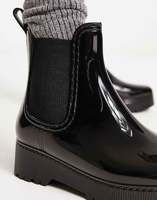 Glamorous chunky ankle rain boots in black patent | ASOS Glamorous chunky ankle rain boots in black patent | ASOS