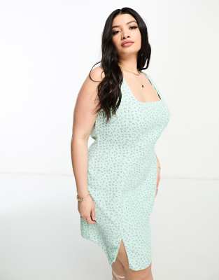 Glamorous Curve 90s square neck fitted mini dress in mint lilac ditsy ...