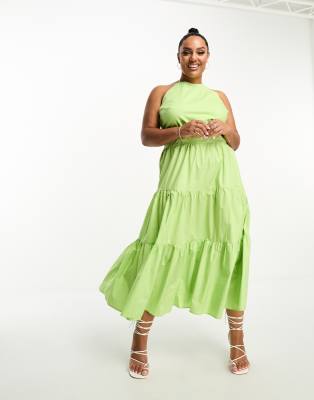 Glamorous Curve halter neck tiered midi dress in green | ASOS