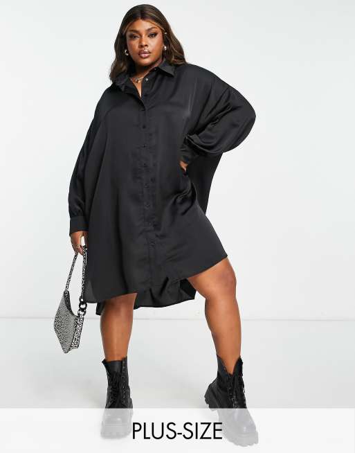 Glamorous Curve - Overhemdjurk van satinet met knoopsluiting in zwart | ASOS