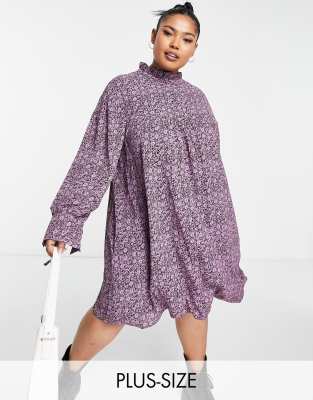 Glamorous Curve - Robe babydoll courte à volants étagés et col noué avec imprimé abstrait fleuri ...