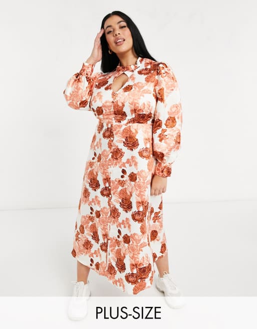 Glamorous Curve Robe Rétro Mi Longue à Col Montant Rose Floral Asos