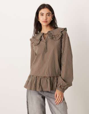 Glamorous double dramatic collar blouse in brown blue stripe | ASOS