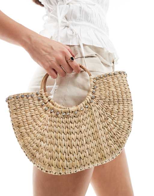 Glamorous embellished rattan beach mini grab bag in brown | ASOS