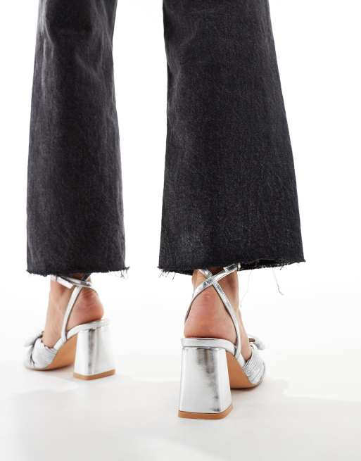 Glamorous Exclusive mid heel bow sandals in silver | ASOS