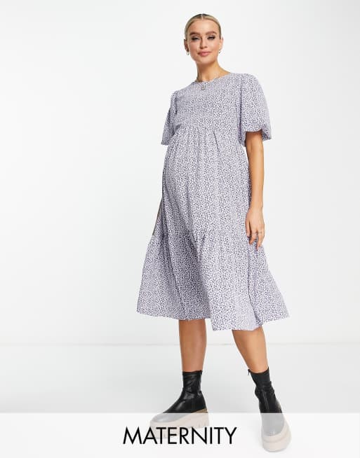 Glamorous Maternity Tie Back Tiered Midi Smock Dress In Blue Ditsy Asos