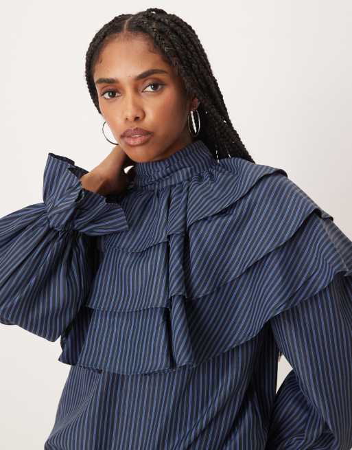 Glamorous ruffle blouse in navy stripe | ASOS