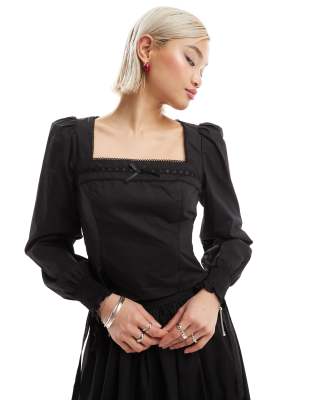 Glamorous square neck bow detail fitted blouse in black poplin co-ord ...
