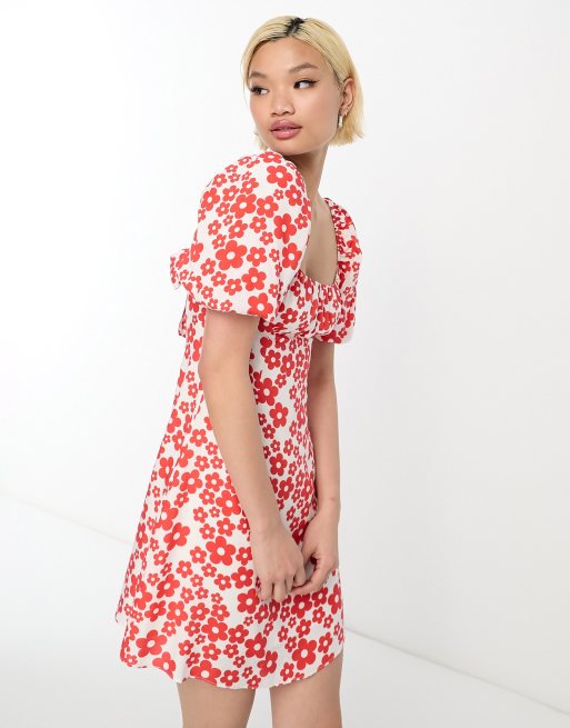 Glamorous Square Neck Mini Smock Dress With Tie Back In Red Floral Asos