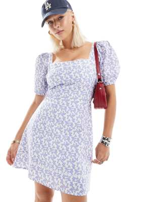 Glamorous square neck puff sleeve mini dress in vintage blue ditsy | ASOS