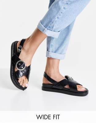 Glamorous Wide Fit Cross Strap Chunky Sandals In Black Croc Modesens