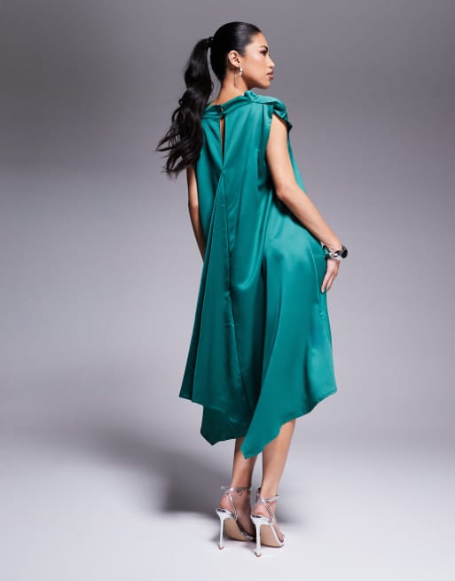 Goddiva Cowl neck back wing satin high low midi dress in botanicalgreen ...
