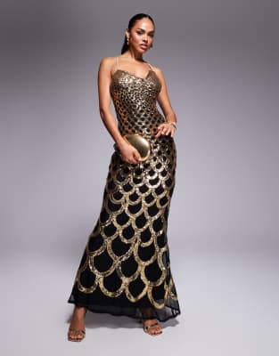 Goddiva Diamante strap fish scale sequin maxi dress in gold | ASOS
