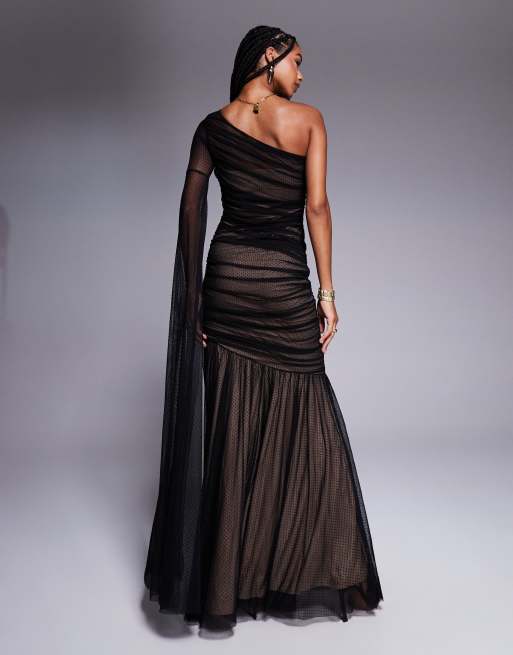 Goddiva Gathered one sleeve angel wing mermaid maxi dress in black | ASOS