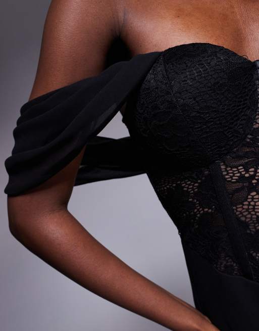 Goddiva Scalloped lace & chiffon winged corset bodice maxi dress in ...