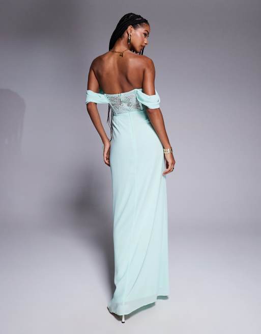 Goddiva Scalloped lace & chiffon winged corset bodice maxi dress in ...