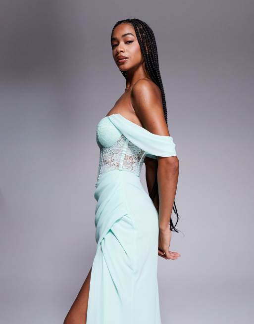 Goddiva Scalloped lace & chiffon winged corset bodice maxi dress in ...