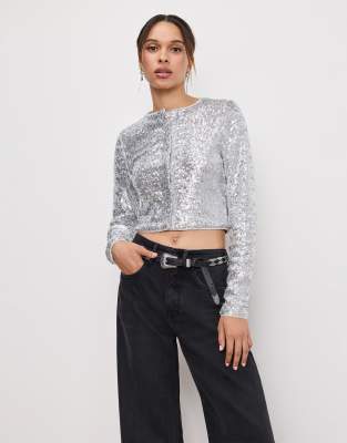 Good American sequin embellished cardigan in silver | ASOS