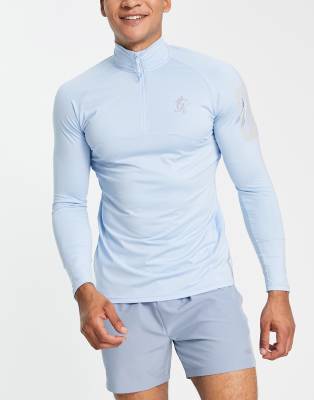 Gym King Flex 1/4 zip long sleeve top with sleeve pocket in pale blue ...