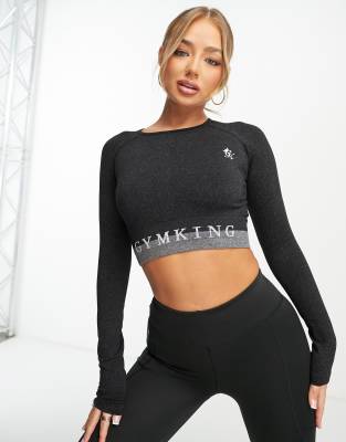 Gym King Seamless Results cropped long sleeve top in black marl | ASOS