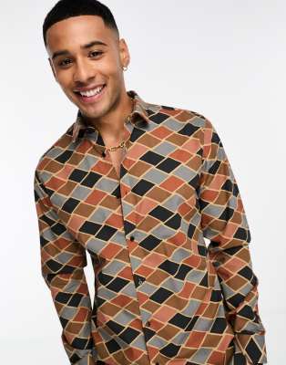 Harry Brown - Chemise manches longues à imprimé géométrique - Marron | ASOS