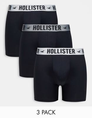Hollister 3 pack active logo waistband long length trunks in black | ASOS