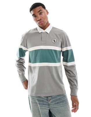 Hollister contrast stripe varsity logo rugby top in grey | ASOS