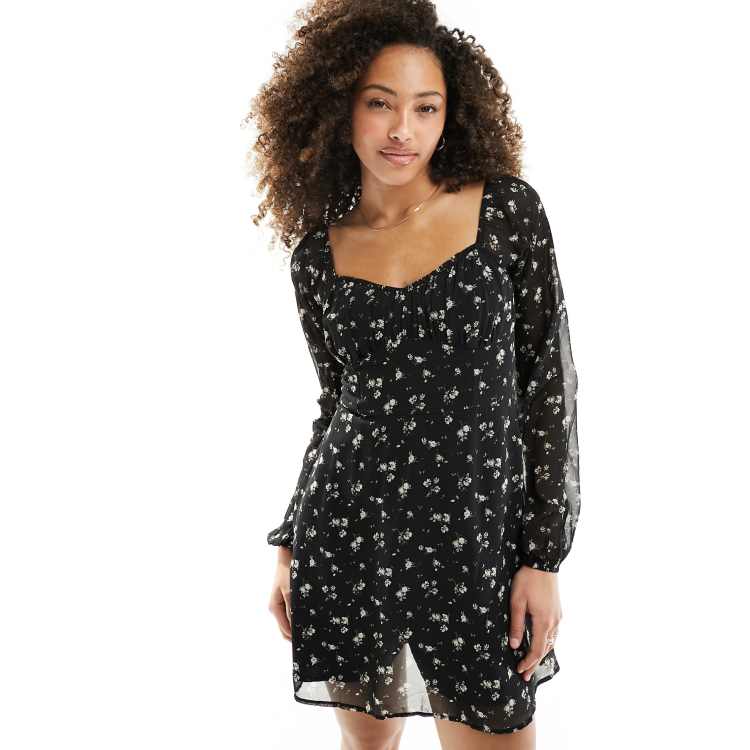 Hollister floral long sleeve dress in black with sweetheart neckline