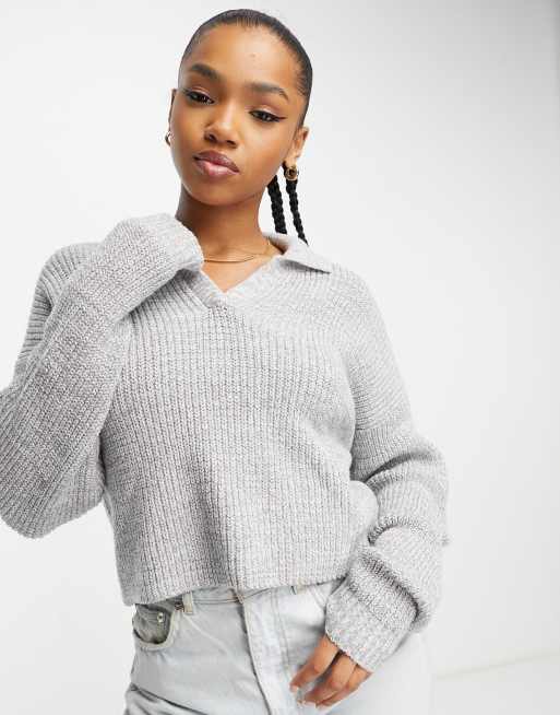 Hollister Long Sleeve Knitted Collared Jumper In Grey | Asos