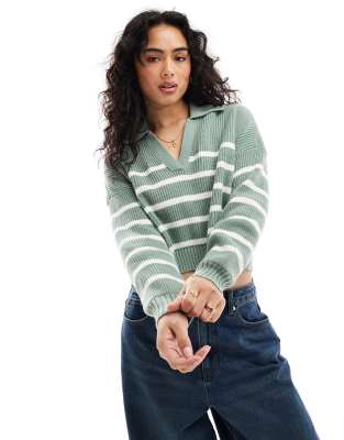 Hollister long sleeve striped knitted jumper with polo collar in green ...