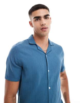 Hollister short sleeve revere collar texture shirt boxy fit in mid blue ...