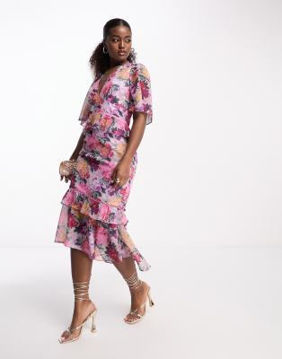 Hope & Ivy flutter sleeve ruffled midi dress in pink floral | ASOS