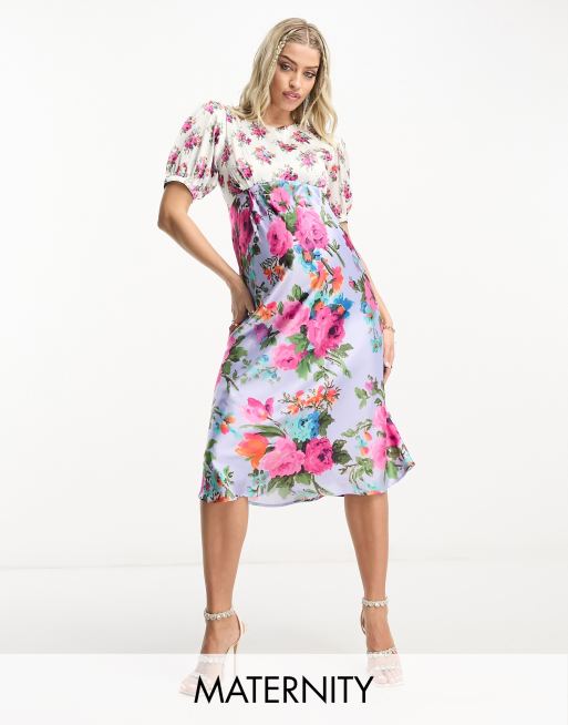 Hope And Ivy Maternity Tie Back Puff Sleeve Midi Dress In Contrast Floral