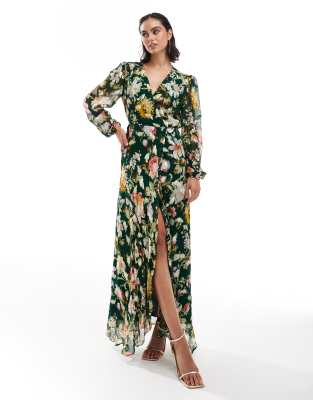 Hope & Ivy - Maxi jurk met overslag aan de voorkant in donkergroen met bloemenprint en gouden ...