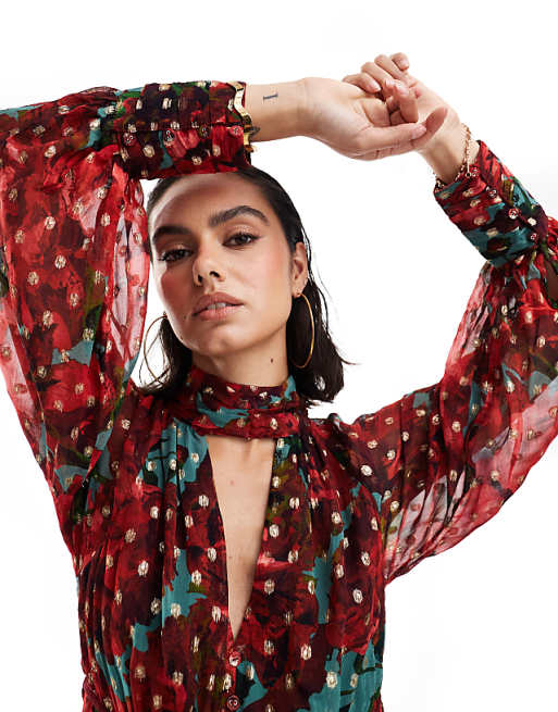 Hope & Ivy midaxi dress in metallic textured mesh in red Hope & Ivy midaxi dress in metallic textured mesh in red