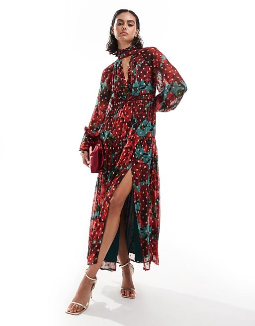 Hope & Ivy midaxi dress in metallic textured mesh in red Hope & Ivy midaxi dress in metallic textured mesh in red