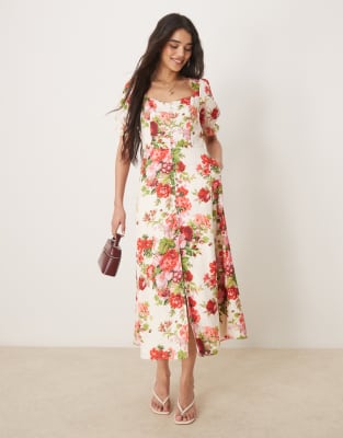 Hope & Ivy - Midi jurk met vierkante hals en open achterkant in wit met rode bloemenprint | ASOS