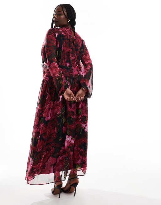Hope & Ivy Plus high neck chiffon maxi dress in dark based red floral ...