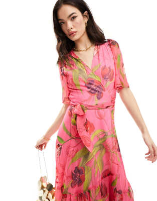 Hope & Ivy Valentine's ruffle wrap maxi dress in pink floral | ASOS