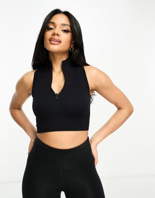 Hoxton Haus - Crop top de sport sans coutures à fermeture éclair - Noir | ASOS