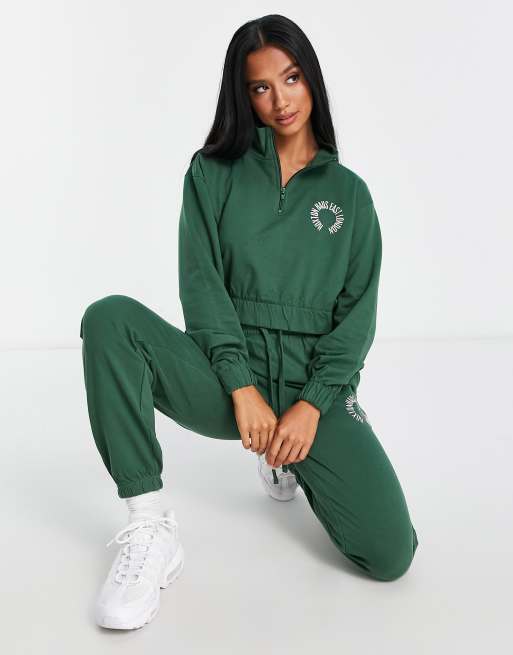 Hoxton Haus Petite cropped zip through sweater in forest green (part of ...