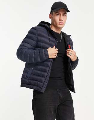 HUGO Balin2141 box logo hooded quilted jacket in navy | ASOS