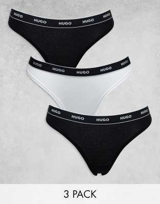 HUGO Bodywear 3-pack sporty ribbed high waist thong in multi with logo ...