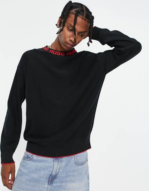 HUGO Smarlo jumper in black with branded collar | ASOS