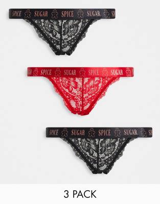 Hunkemoller Cinnamon 3 Pack Lace And Lurex Printed Elastic Tanga Thongs ...