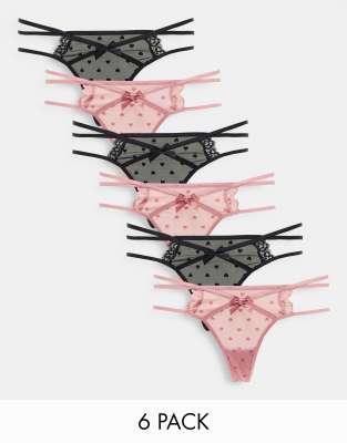 Hunkemoller Melda 6 pack strappy thong in black and pink | ASOS