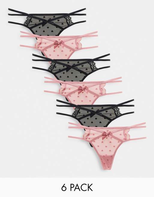 Hunkemoller - Melda - Lot de 6 strings à lanières - Noir et rose | ASOS