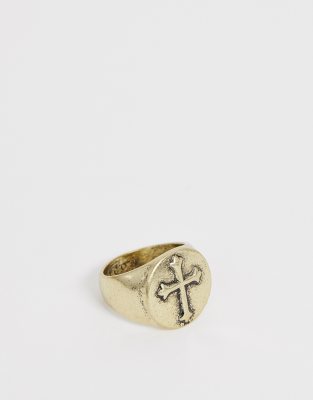 Icon Brand gold cross signet ring in gold | ASOS