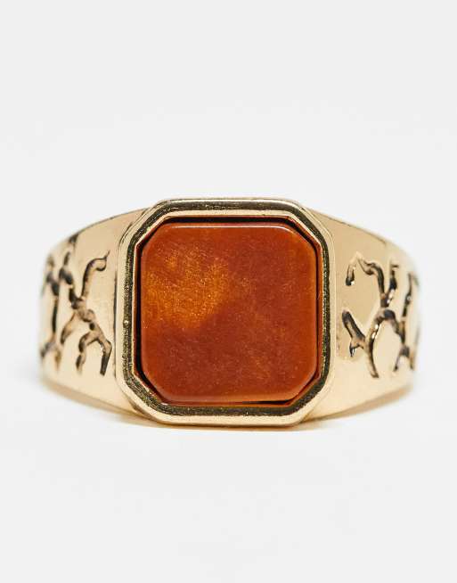 Icon Brand square signet ring with tigers eye stone and engraving in ...