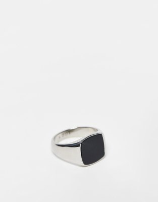 Icon Brand stainless steel square onyx signet ring in silver | ASOS